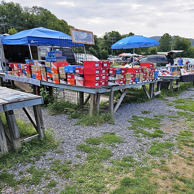 Shoebox city! These colorful footwear containers create a vibrant urban landscape of potential fashion finds waiting to walk into someone's wardrobe.