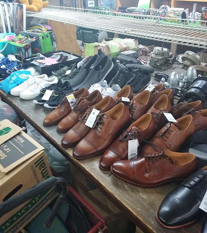 Brown leather shoes lined up like soldiers, ready to march into someone's closet revival project.