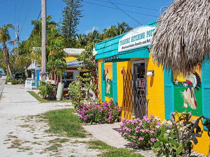 Trader's Hitchin' Post bursts with tropical exuberance. These aren't just shops; they're portals to a more colorful way of life. 
