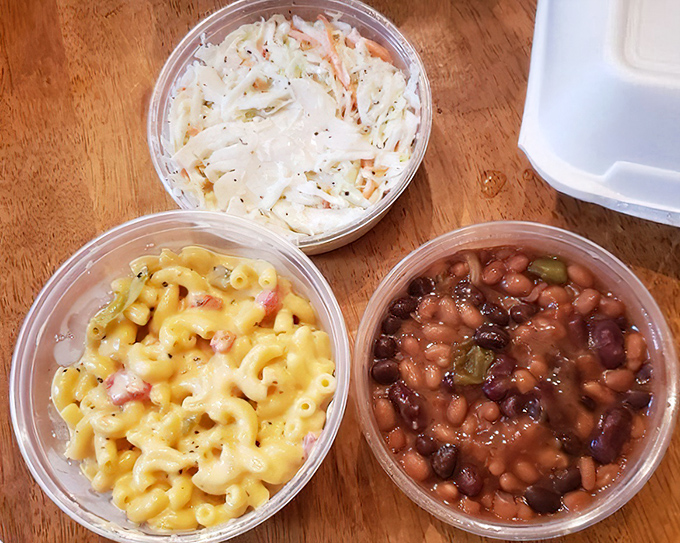 The holy trinity of sides: creamy mac and cheese, tangy coleslaw, and those beans that clearly didn't come from any can. Sidekicks with superhero potential.