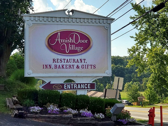 The village sign promises more than just a meal&mdash;it's advertising a full Amish experience. Restaurant, inn, bakery, and gifts: carb-loading and souvenir-hunting in one stop.