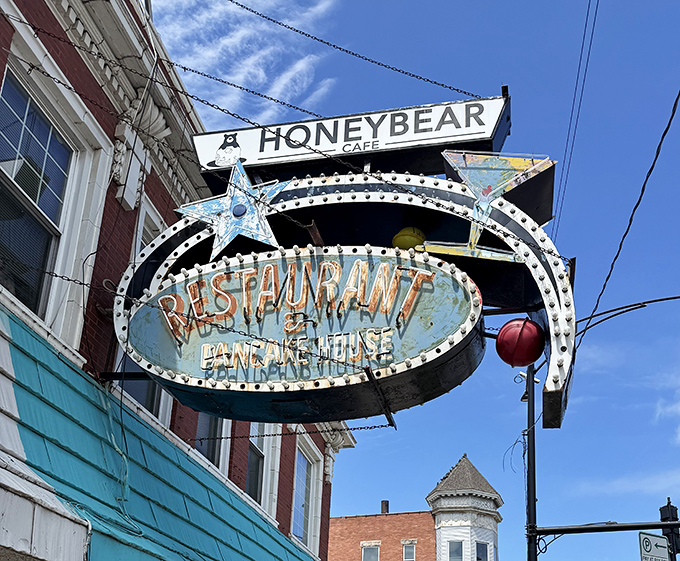 The vintage marquee sign hanging outside is like a time machine to when restaurants made promises with neon and kept them with flavor.