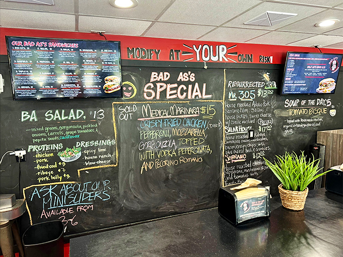 The chalkboard specials &ndash; where sandwich innovation happens daily. "Modify at your own risk" isn't a warning; it's a dare.