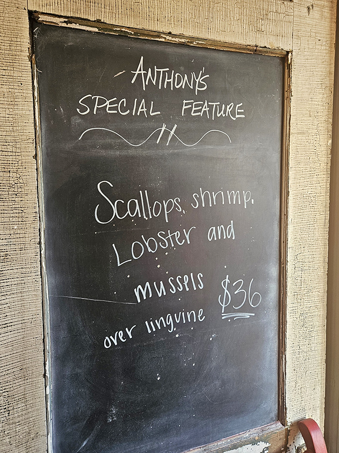 Anthony's special seafood linguine announces itself on a chalkboard like a Broadway marquee, promising an ocean of flavor.