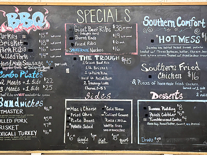 The chalkboard of dreams. Each item represents hours of smoking, decades of expertise, and seconds of pure joy when it hits your taste buds.