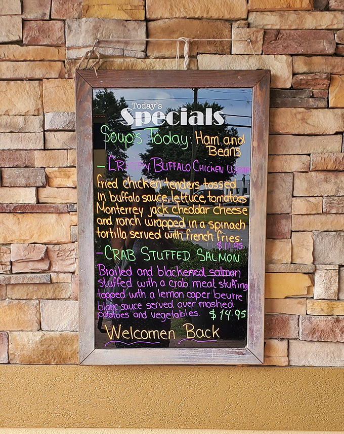 The specials board: where daily culinary adventures begin. That crab-stuffed salmon is calling your name in a very persuasive voice.