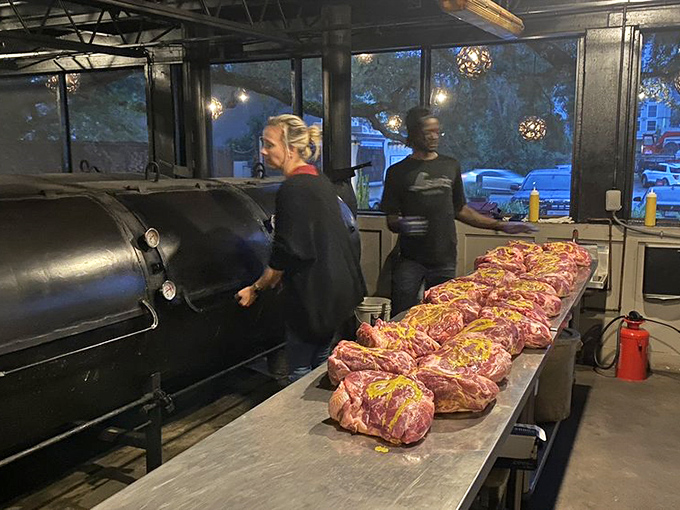 Behind the scenes where the magic happens&mdash;meat being prepped for its smoky transformation from ordinary to extraordinary.
