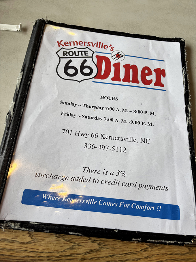 The well-worn menu cover tells you everything &ndash; "Where Kernersville Comes For Comfort!!" isn't just a slogan, it's a promise.