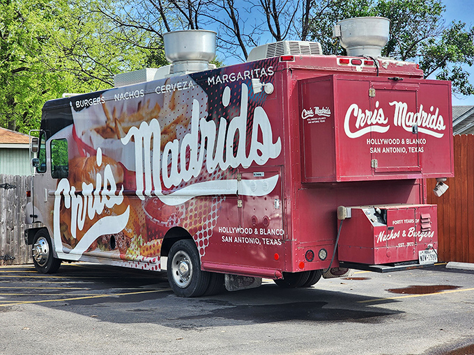 The Chris Madrid's food truck – bringing cheese-draped happiness to the streets of San Antonio like a mobile joy factory.