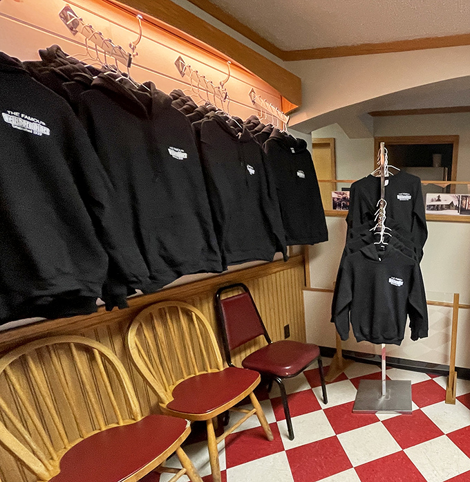 Even the merchandise corner embraces the diner's no-nonsense charm. Those black hoodies aren't just souvenirs—they're membership cards to a delicious club.