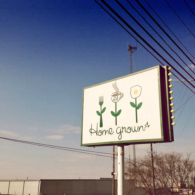 The Home Grown sign says it all&mdash;fork, coffee, egg. The holy trinity of breakfast, simplified into an elegant roadside beacon.