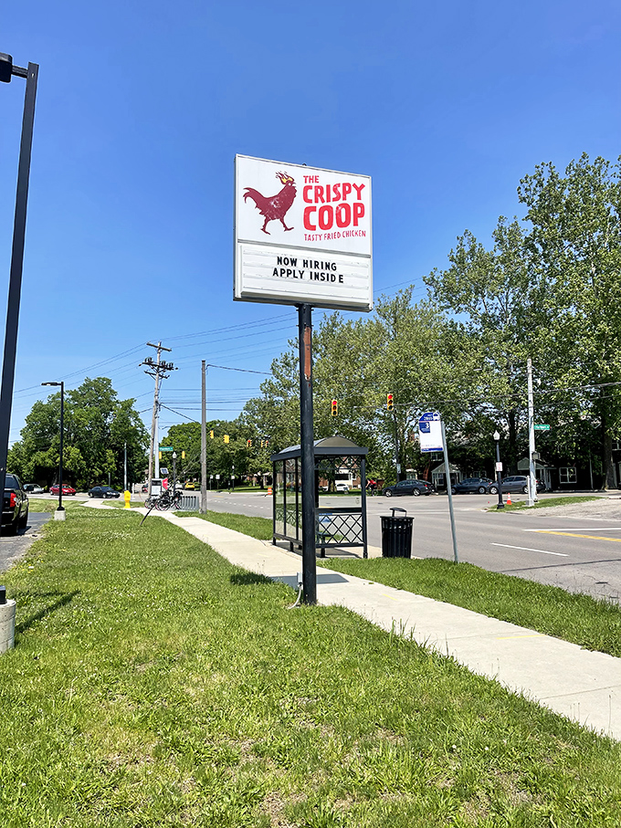 The roadside sign stands like a beacon to hungry travelers—a red rooster promising salvation for empty stomachs and fried chicken cravings.