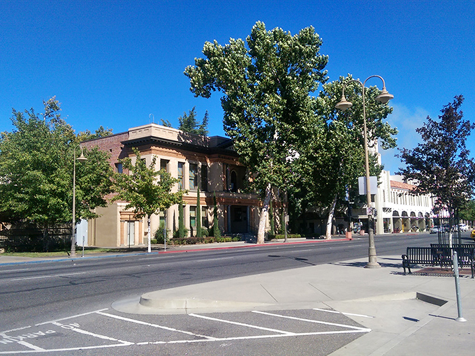 Tree-canopied streets frame Chico's downtown buildings, creating the perfect backdrop for afternoon strolls where window shopping doesn't require a second mortgage.