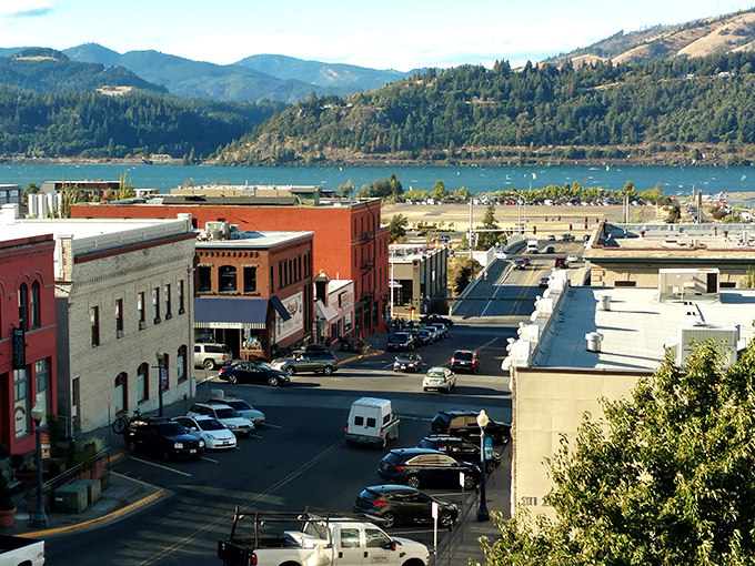 From this bird's-eye view, Hood River reveals its perfect positioning&mdash;nestled between mountains and river like nature's favorite bookmark.