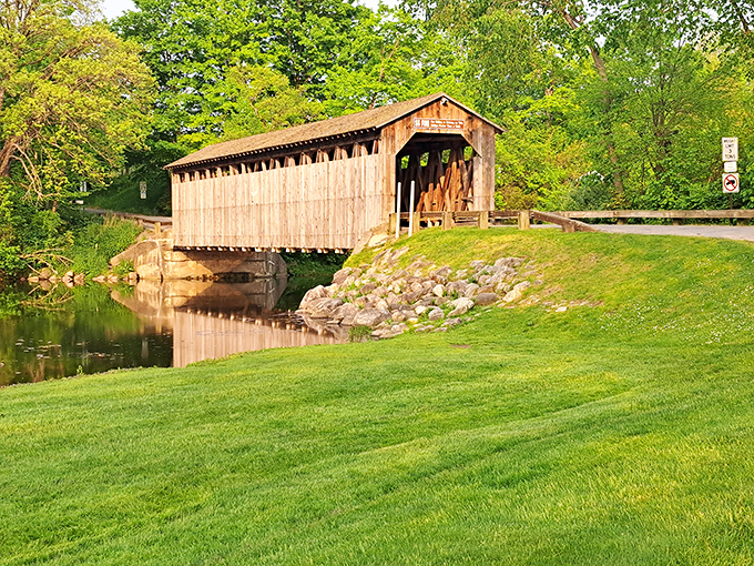 Summer sunshine bathes the bridge in golden light. From this angle, it looks less like infrastructure and more like a wooden sculpture placed perfectly in the landscape.