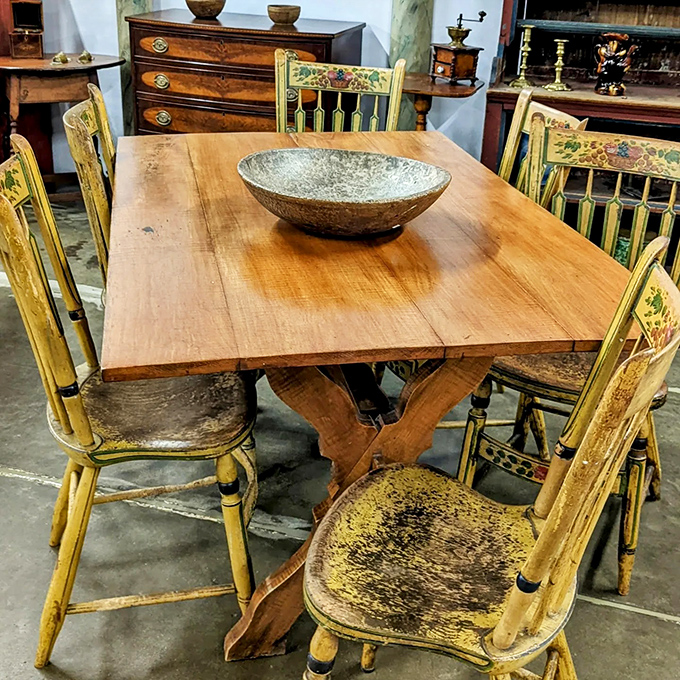 This farm table has hosted countless family meals since before TV dinners were invented. The patina tells stories of Thanksgiving triumphs.