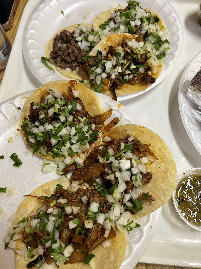 Taco perfection is a delicate balance of meat, onion, and cilantro on a fresh tortilla. No unnecessary additions, just pure, unadulterated flavor in every bite.