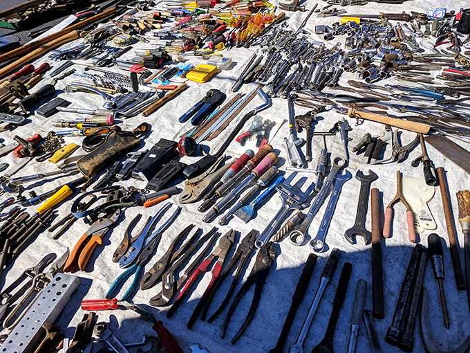 Tool time extravaganza! This spread of vintage wrenches and pliers isn't just hardware&mdash;it's industrial art with stories of craftsmanship from another era.