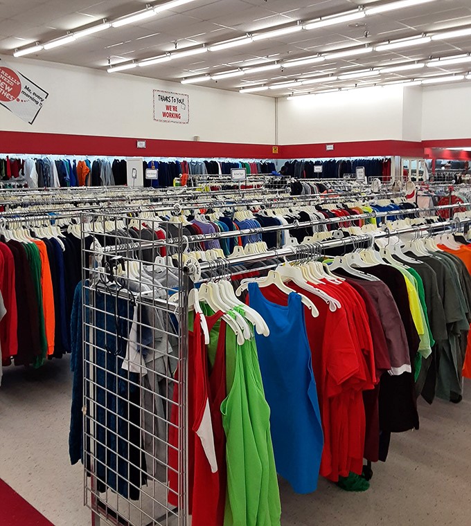 A rainbow of possibilities hanging in perfect order. The color-coded clothing system makes finding your perfect shade a breeze.