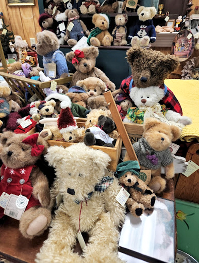 Teddy bear convention! These plush time travelers from different decades are having the world's softest reunion in this booth.