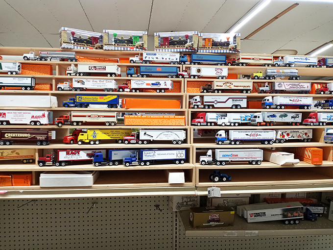 Miniature truck heaven where collectors can acquire an entire fleet without needing a commercial driver's license. Each tiny semi represents someone's cross-country adventure.