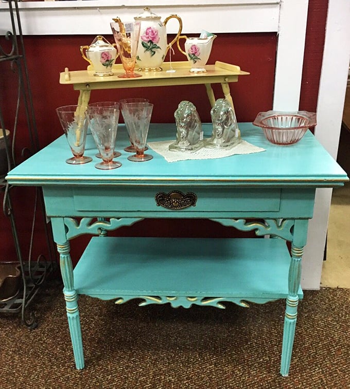 That turquoise table isn't just furniture&mdash;it's a statement piece declaring, "Yes, I have excellent taste and I'm not afraid to show it!"
