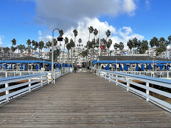 The journey to deliciousness is half the fun – San Clemente's iconic pier stretches toward the horizon, promising seafood paradise at its end.