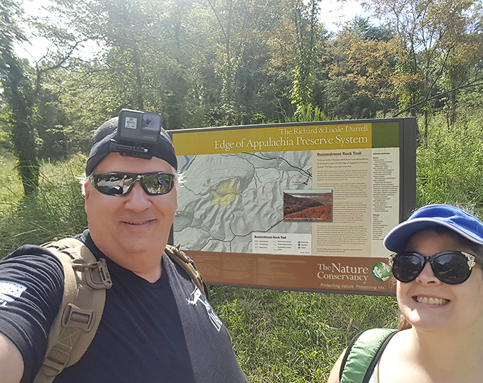The Edge of Appalachia Preserve sign marks the gateway to adventure. Hikers prepare for what locals know is Ohio's best-kept scenic secret.