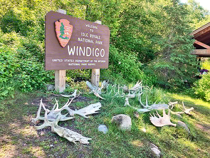 The Windigo welcome sign with its moose antler collection&mdash;nature's version of "leave your troubles at the door."