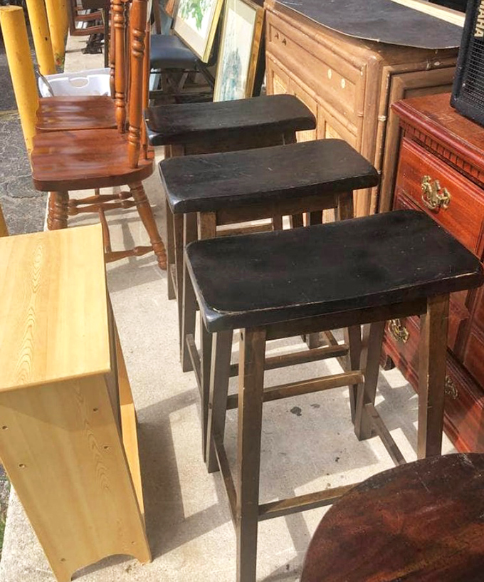 Bar stools that have heard every "walks into a bar" joke ever told, patiently waiting for their next perch at someone's kitchen counter or home tiki bar.