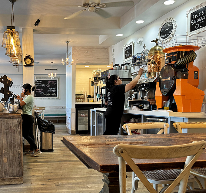 Where coffee dreams come true. That bright orange juicer in the background is basically Florida's version of the Holy Grail.