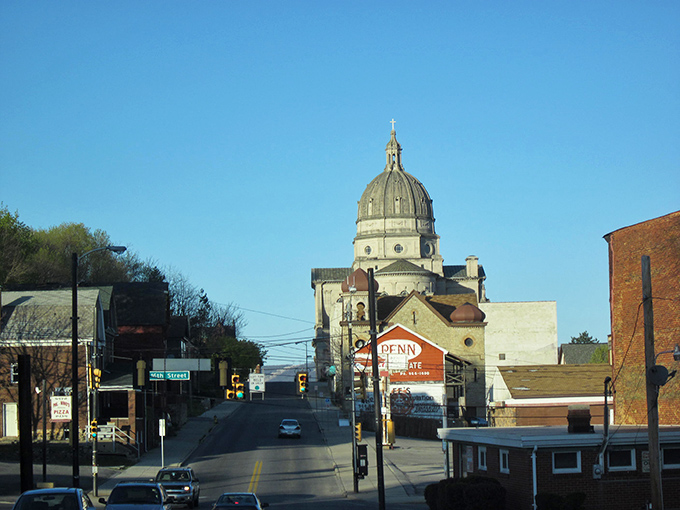 Altoona's cityscape spreads across the valley floor, surrounded by the gentle slopes of Pennsylvania's rolling hills.