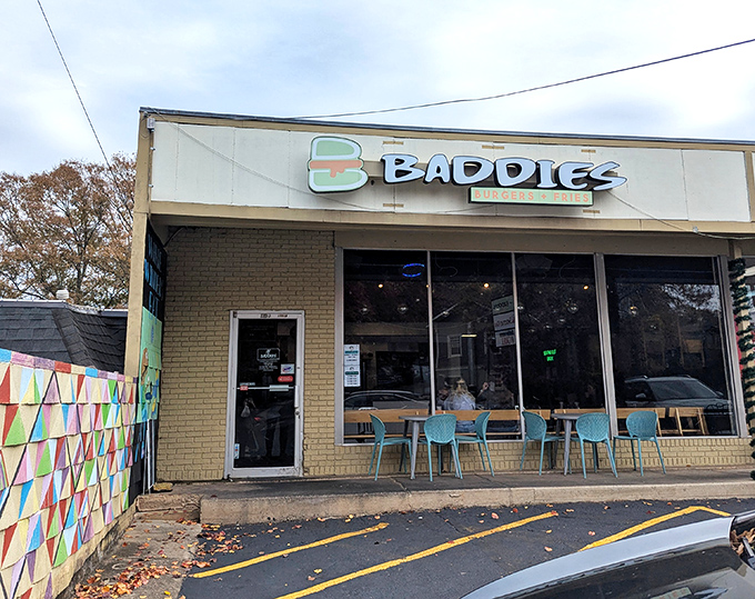 Baddies' playful exterior and colorful chairs hint at the fun, rebellious burgers waiting inside this Athens hotspot.