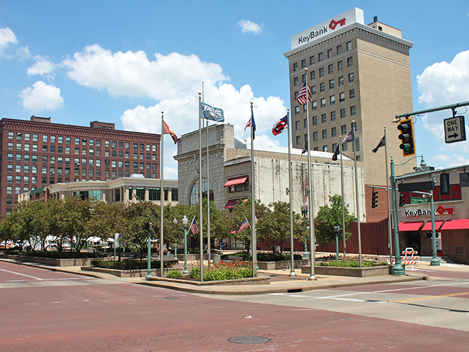 Canton's downtown plaza spreads out like a welcoming embrace, where flags flutter over affordable retirement possibilities.