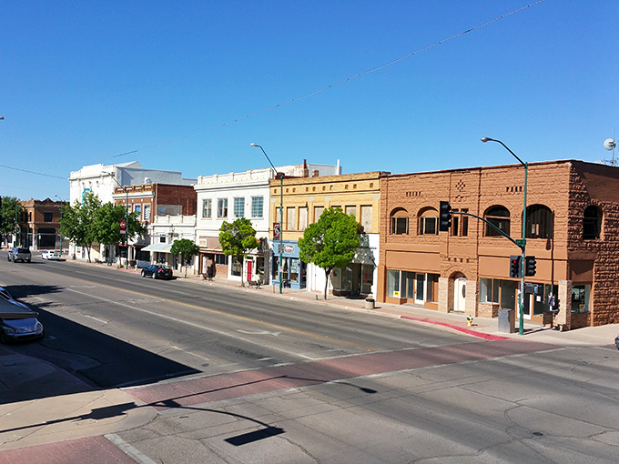Brightly painted historic buildings line the main street, creating a colorful and welcoming atmosphere in the heart of Douglas.