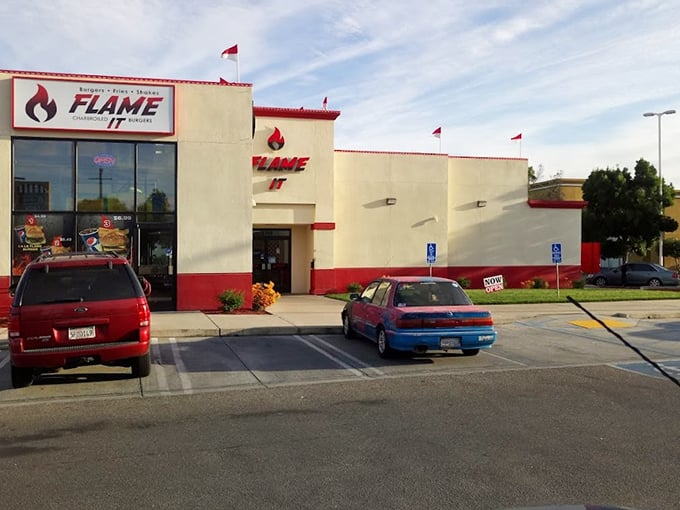Flame It's bold red-and-white exterior makes a promise that their grills deliver on &ndash; burgers with that perfect backyard BBQ char.