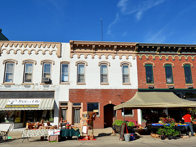 Fulton's Dutch heritage shines through with its iconic buildings standing tall against a perfect blue Illinois sky.