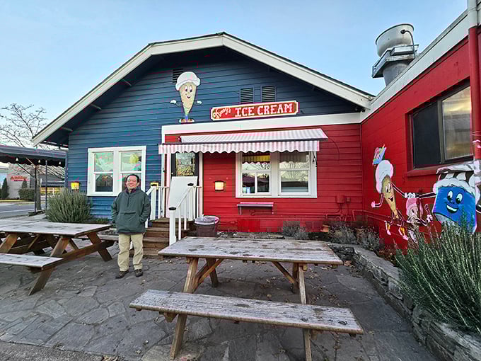 Mandy's colorful exterior with its ice cream cone sign promises sweet endings to hearty meals.