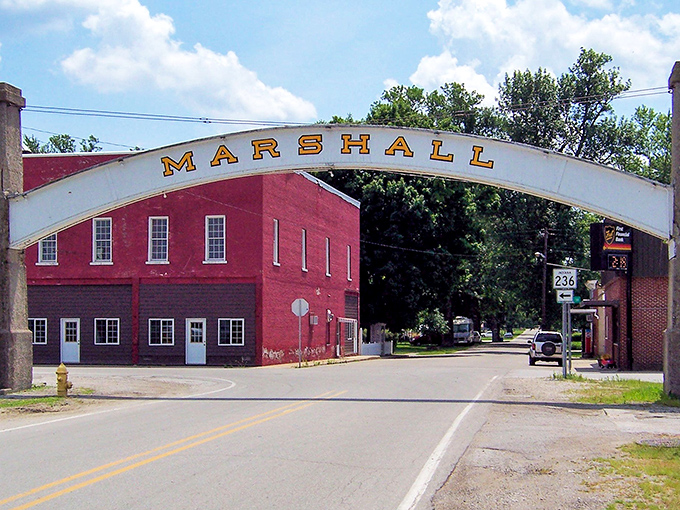 Marshall announces itself with an arch that says, "Yes, we're exactly as charming as you hoped we'd be!" Small-town pride in three-foot letters.