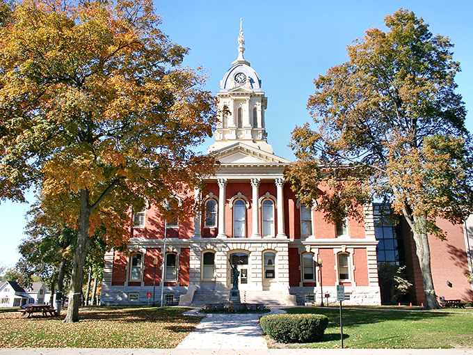Fall's golden touch transforms this historic courthouse into Indiana's version of a New England postcard. Architecture that demands a slow drive-by!