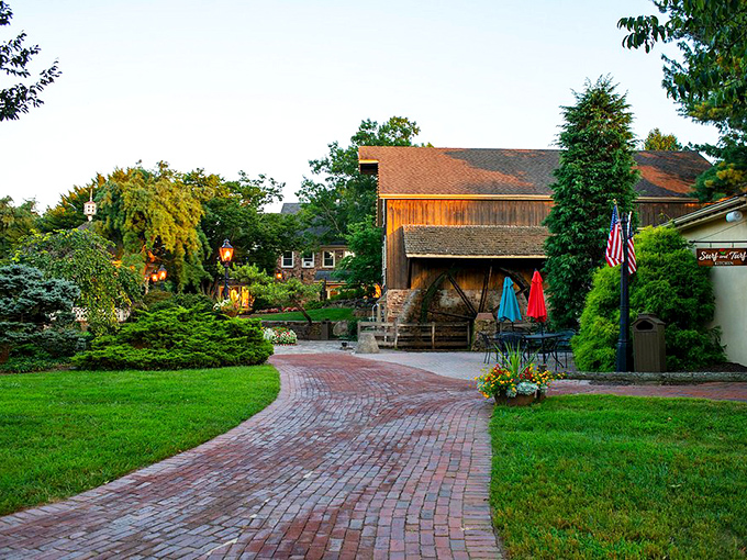 Beautiful landscaping and brick pathways at Peddler's Village. Shopping that feels like wandering through a storybook!