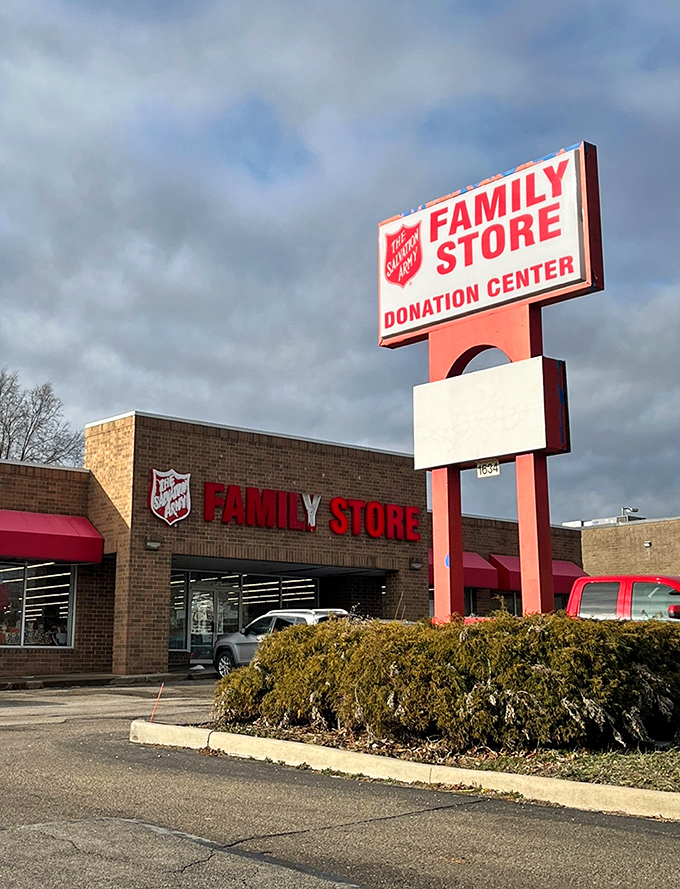 The Salvation Army's iconic red signage stands tall against the cloudy Ohio sky. Thrifting with a side of good karma!