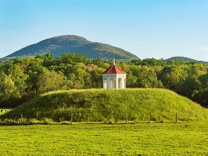 Sautee Nacoochee's iconic gazebo-topped mound stands as a valley landmark. History and beauty in perfect harmony.