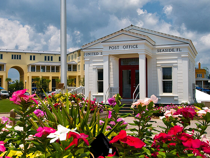 Seaside's post office blooms with flowers like a storybook illustration - where even mailing postcards becomes a charming ritual.