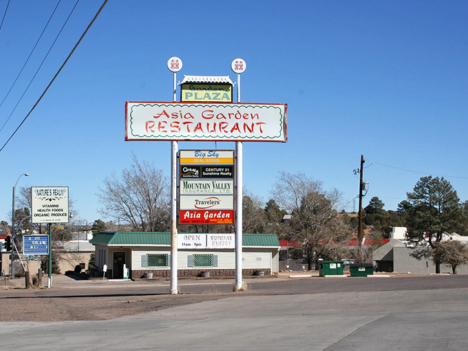 Show Low's Asia Garden sign promises Eastern flavors in this Western mountain town retreat.