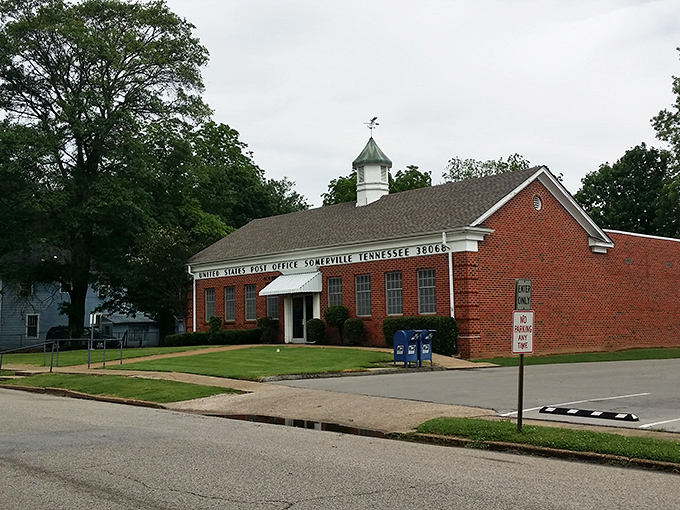 Somerville's post office building stands solid as the community spirit that keeps small towns thriving beautifully.