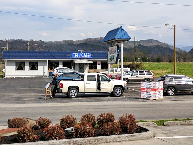 The Tellicafe's iconic blue roof signals comfort food ahead&mdash;a beacon for hungry travelers exploring Tennessee's mountain playground.