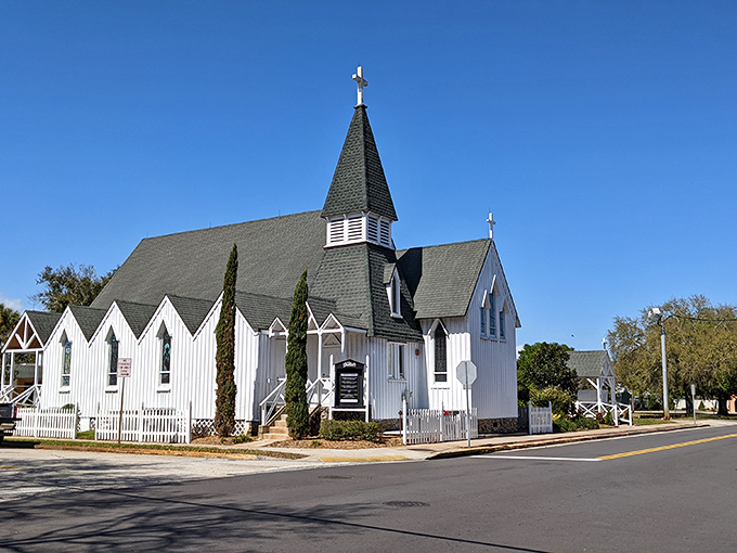 White churches stand as beacons of community faith in towns that value togetherness.