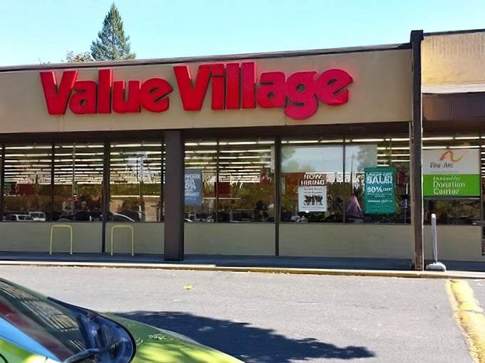 Value Village's bold red signage promises a world of secondhand wonders inside. Like a department store where everything has a story.