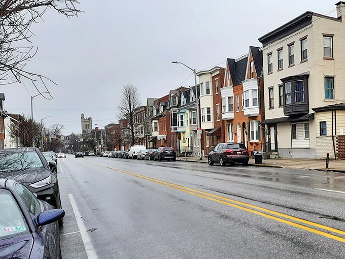 These rowhouses march down the street like colorful soldiers in York's architectural parade.